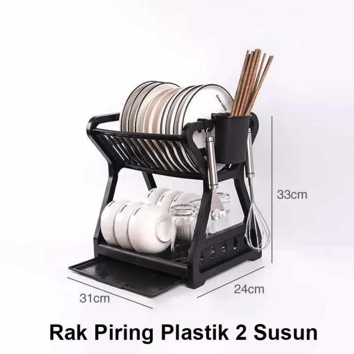 Rak Piring Plastik Dapur 2 Susun Minimalis Fullset serbaguna / Rak ...