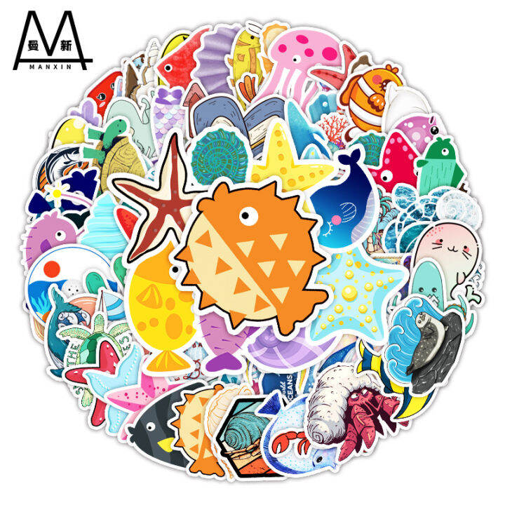TM100 Sheets of Marine Life Cartoon Graffiti Stickers Tablet Scooter ...