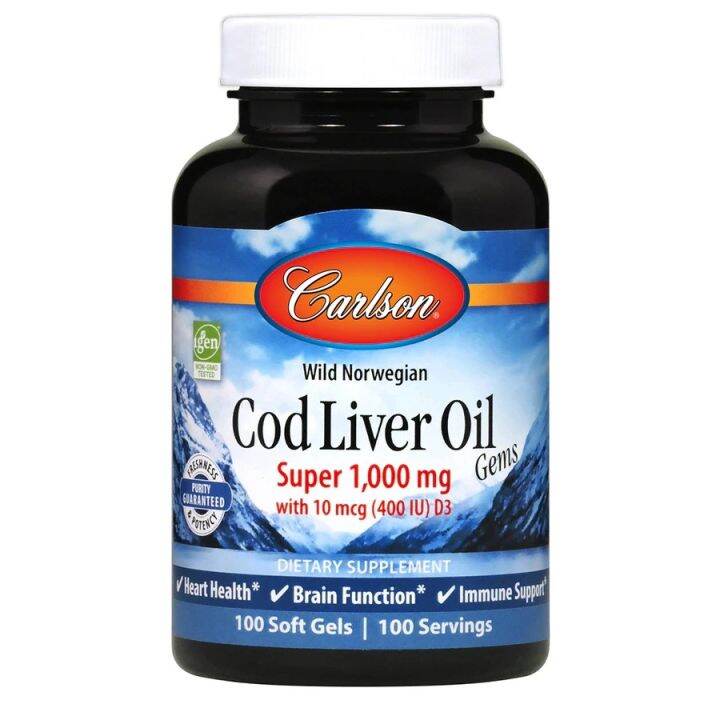 Carlson Cod Liver Oil Gems Super 1000 mg 100 Softgels Heart Health ...