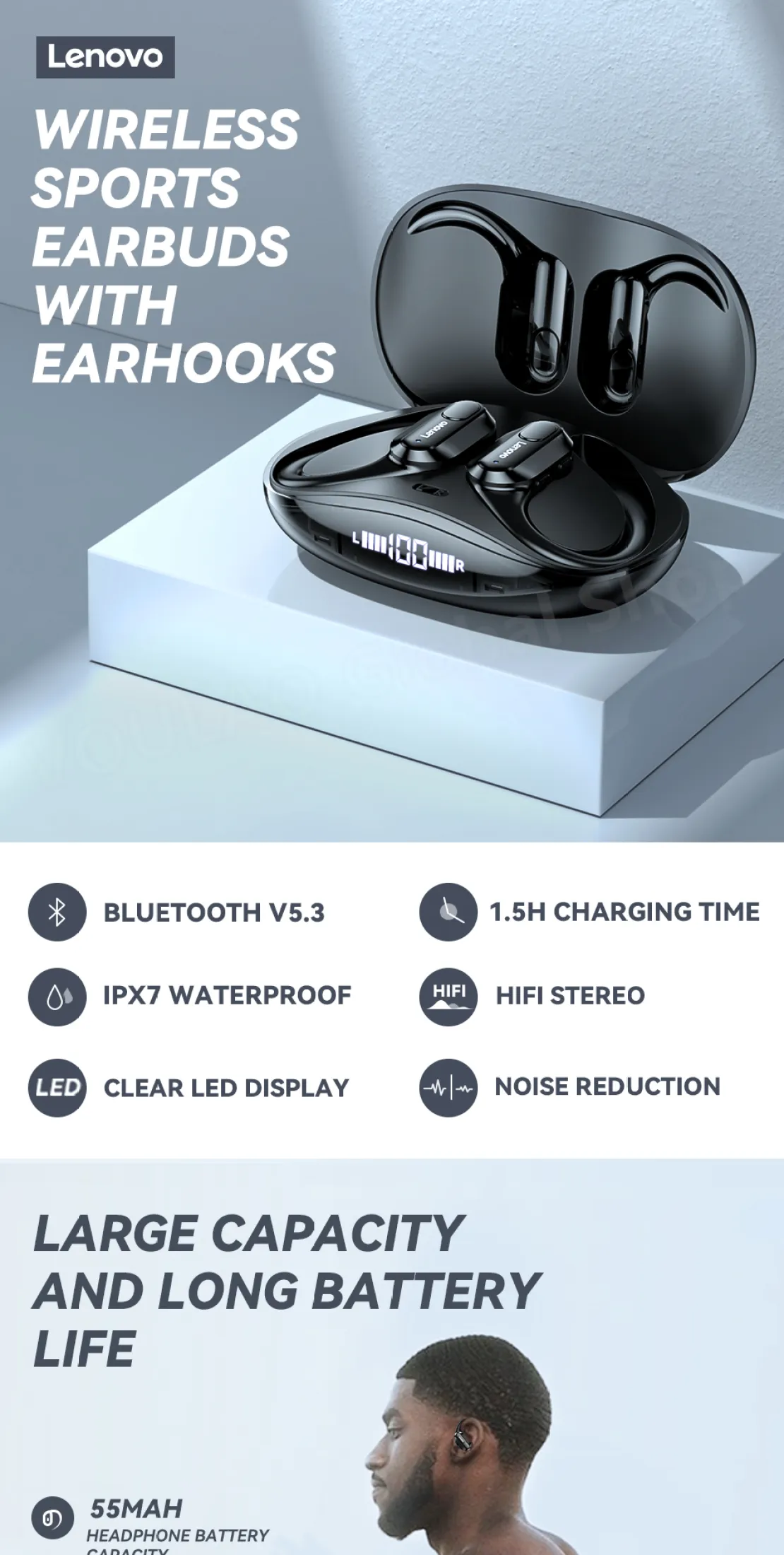 หูฟังบลูทูธ Lenovo XT80 TWS หูฟังออกกำลังกาย หูฟังบลูทูธ 5.3 หูฟัง ...