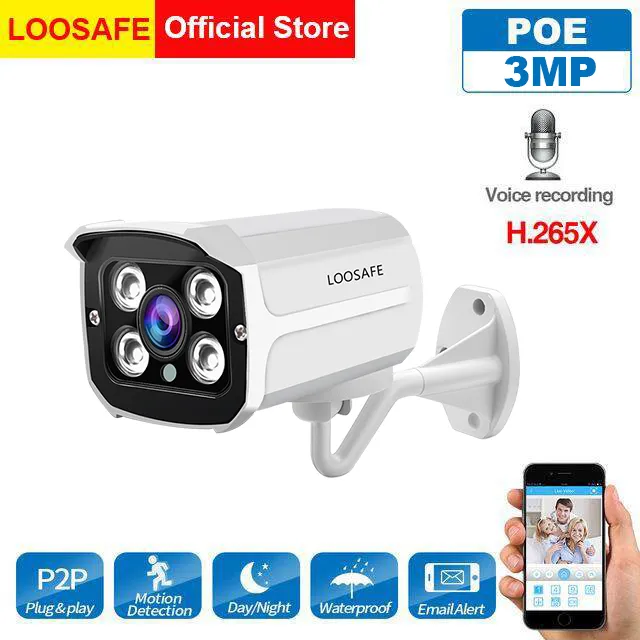 LOOSAFE 3MP HD POE CCTV Outdoor IP Camera Indoor Bullet Night Vision ...