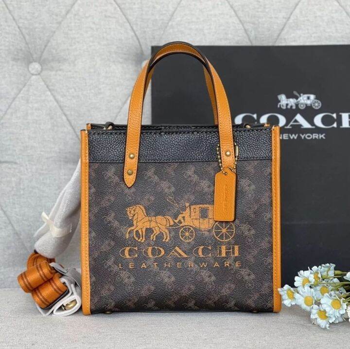 Coach C8456 Field Tote Bag 22 With Horse And Carriage Print And Carriage Badge - Truffle Papaya ...