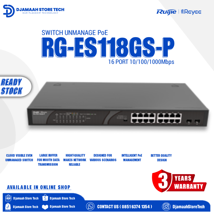 Ruijie - Switch PoE Unmanage 16 Port Gigabit Ethernet 2 Port SFP ...