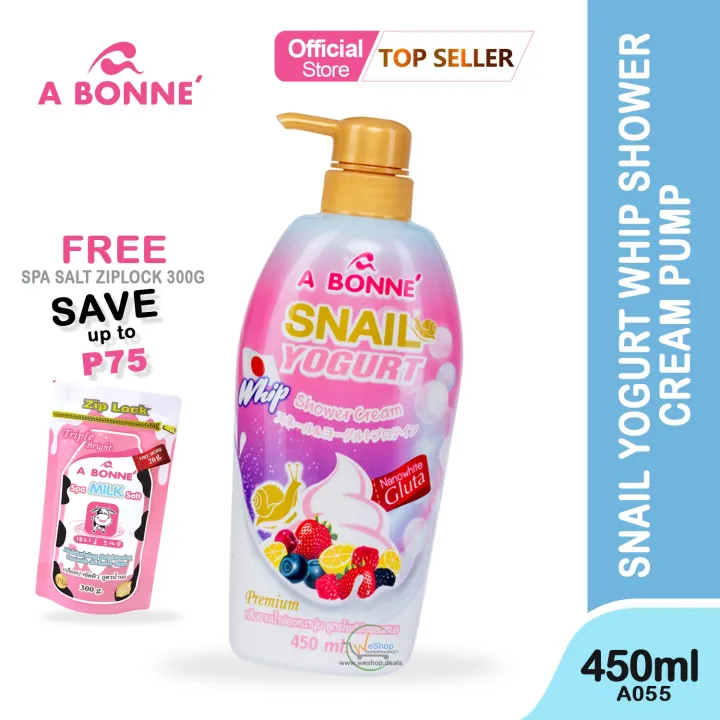 [ A055 + W/ FREE A710 Spa Salt 300g ] Abonne Snail Yogurt Whip Shower Cream Pump 450ml | Lazada PH