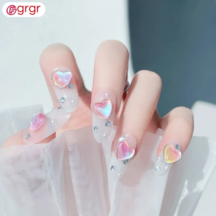 Fgrgr Glossy Almond Fake Nail DIY Transparent Style Pearl Nail with ...