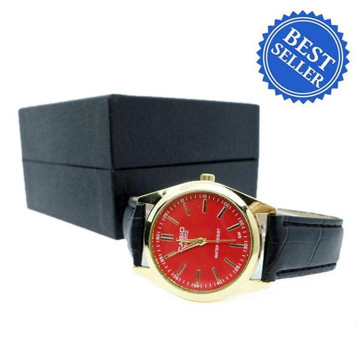 Casio Quartz Red Dial Leather Band Watch for Men (Black) | Lazada PH