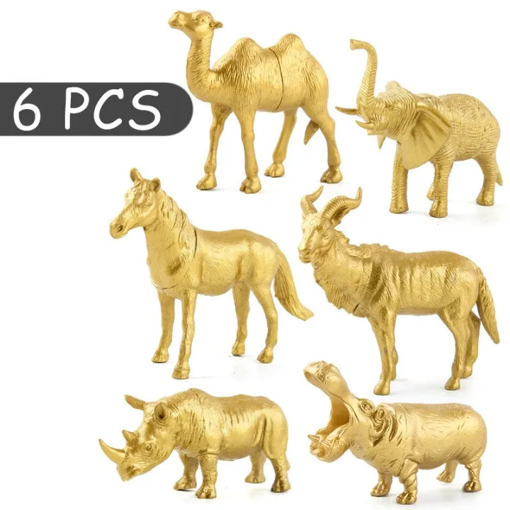 PVC Wild Animal Figures Simulation Model Set Lion Tiger Elephant Giraffe Golden Statue ...