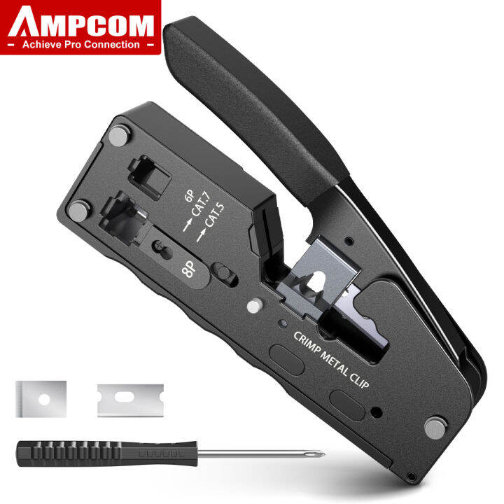 AMPCOM RJ45 Crimper CAT7 Crimping Tool สำหรับผ่าน RJ11 RJ45 Connector ...