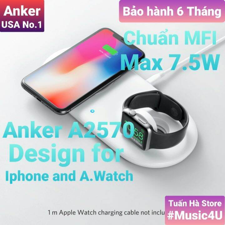 Đế sạc nhanh không dây Anker PowerWave Pad A2570 B2570, kèm đế giữ cho sạc Apple Watch, chuẩn ...