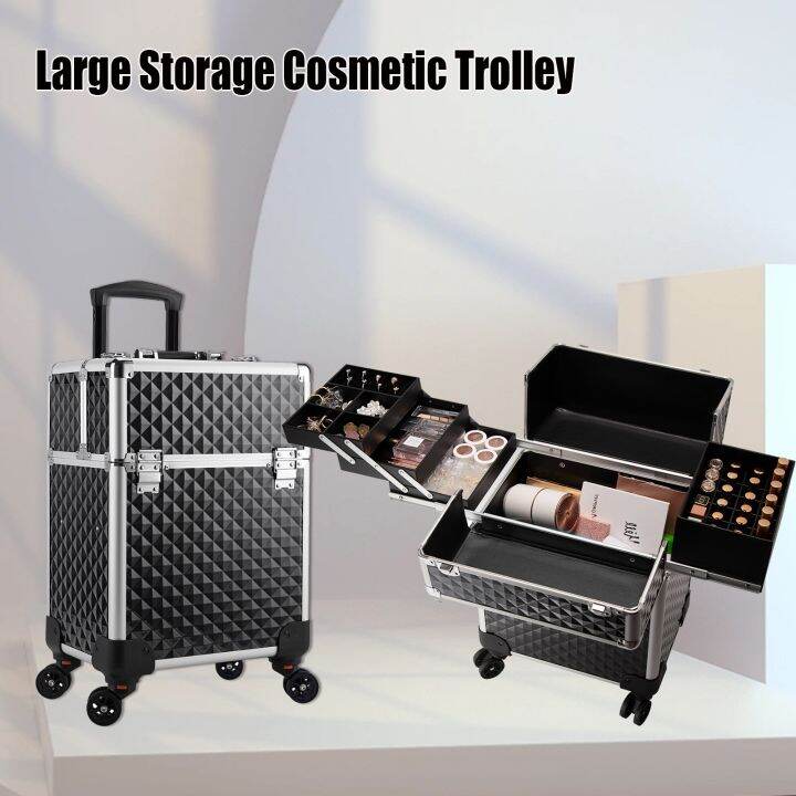 Rolling Makeup Train Case Large Storage Cosmetic Trolley 4 Tray With ...