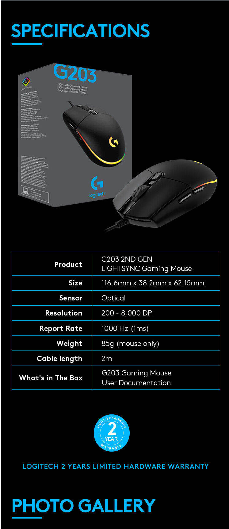 [ของแท้รับประกันสองปี] Logitech G203 LIGHTSYNC เมาส์สำหรับเล่นเกมแบบมี ...