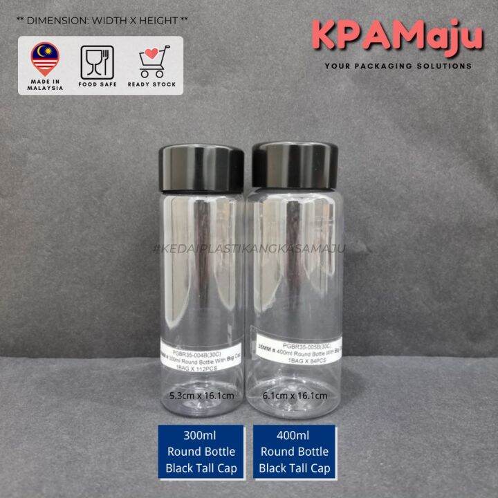 Botol Plastik Big Mouth + Black Tall Cap (300ml, 400ml) - Round Bottle ...