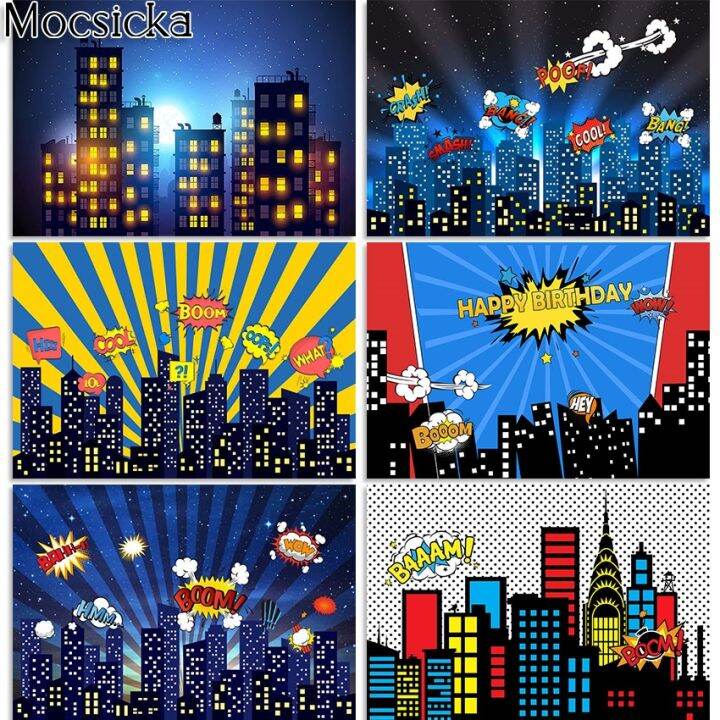 【New Fire】 Mocsicka Superhero City Buildings Backdrop Super Hero Cityscape Night Kids Birthday ...