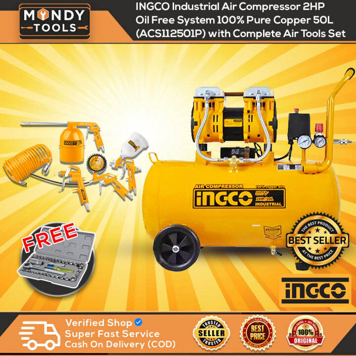 INGCO Industrial Air Compressor 2HP Oil Free System 100% Pure Copper ...