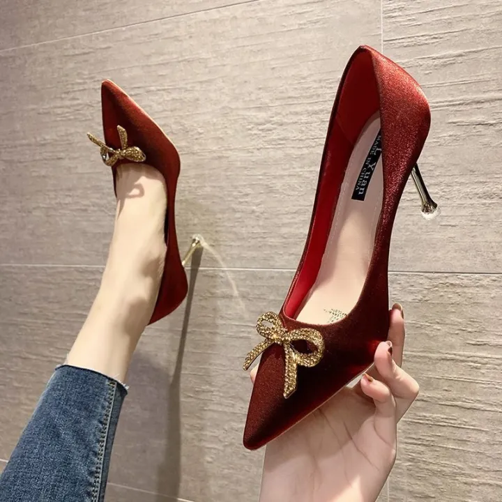๑ Red Satin High Heels Women's Stiletto Heel 2022 Spring New Style ...