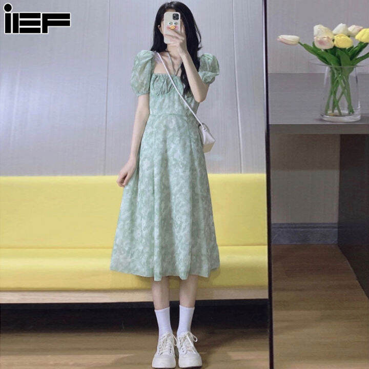 IEF 2023ฤดูร้อนเวอร์ชั่นเกาหลีของพัฟแขนย้อนยุคสแควร์คอปกเอวชุดแฟชั่น ...