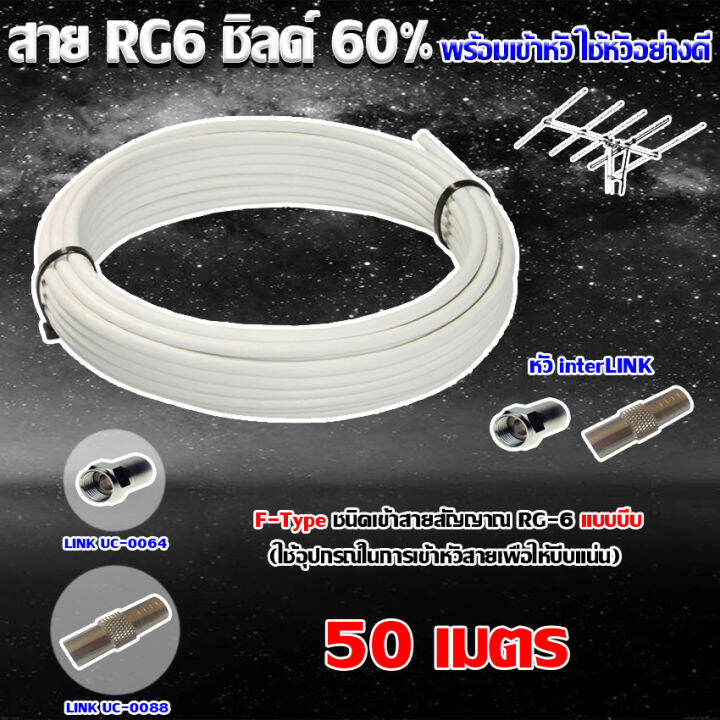สาย RG6 ชิลด์60% สีขาว ทีวีดิจิตอล 50 เมตร พร้อมเข้าหัวแบบบีบ ยี่ห้อ ...