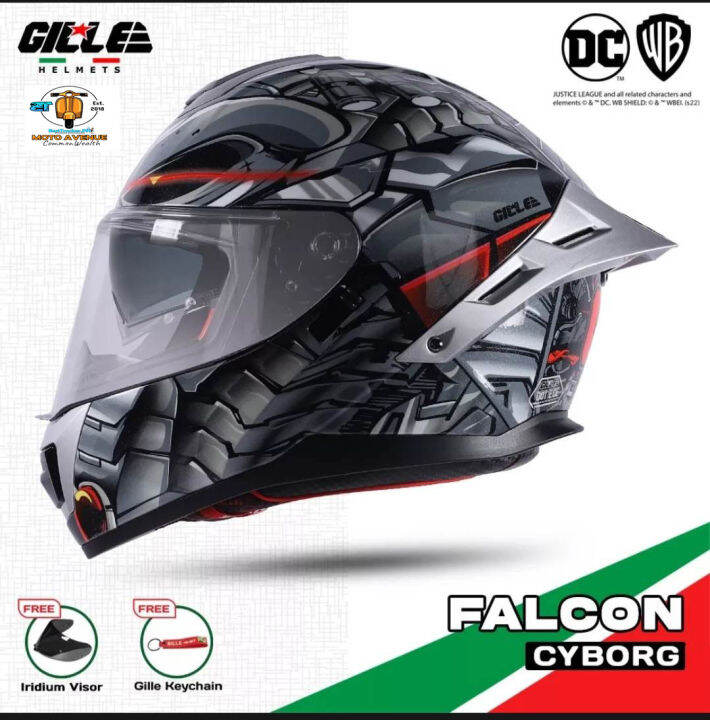 Gille 883 DC Falcon Full Face Dual Visor Double D Ring Lock Helmet w/ Free Iridium Silver Lens ...