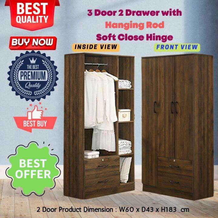 ROAM 3Door 2Drawer Wooden Wardrobe Clothes with Hanging Rod Kayu Almari ...
