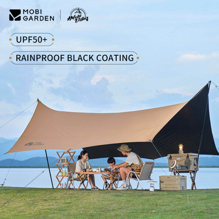 MOBI GARDEN Camping Tarp Shelter Flysheet Canopy Black Coated UPF50+ Waterproof With Pole ...