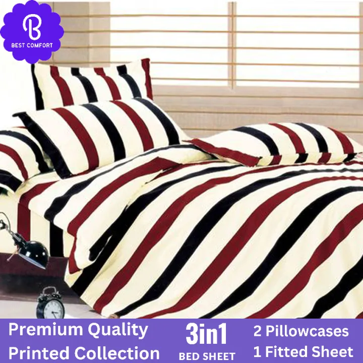 BEST COMFORT Maroon Black Thick Stripes 3in1 Bedding Set Soft Cotton ...