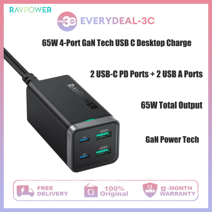 RAVPower PD Pioneer 65W 4-Port USB C GaN Technology High Speed Fast ...