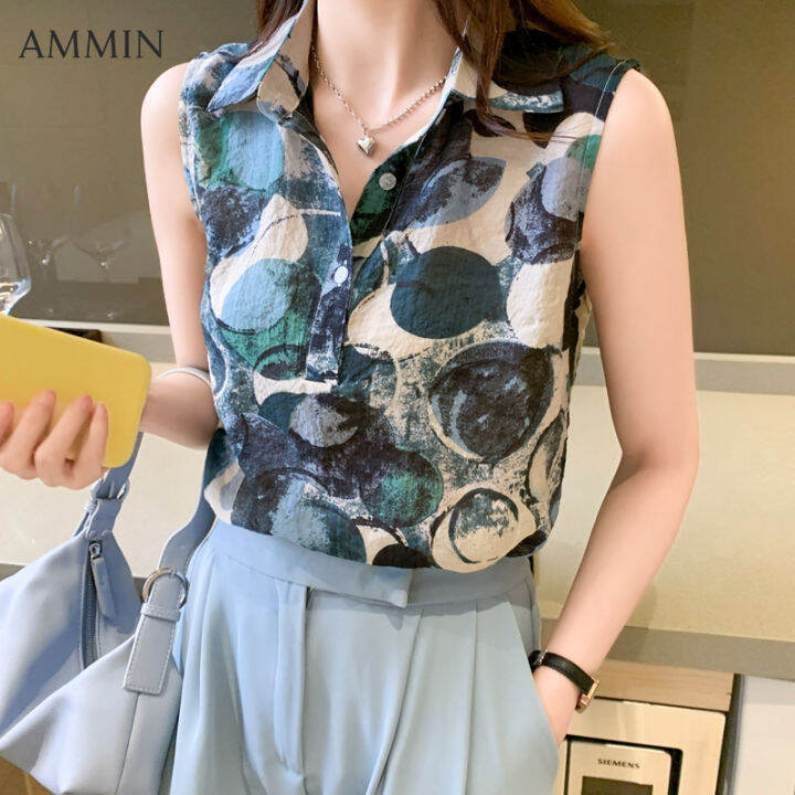 AMMEN เสื้อเชิ๊ตผู้หญิงผ้าชีฟองคอปกพิมพ์ลายดอกไม้แขนกุดแฟชั่นสไตล์ใหม่ ...