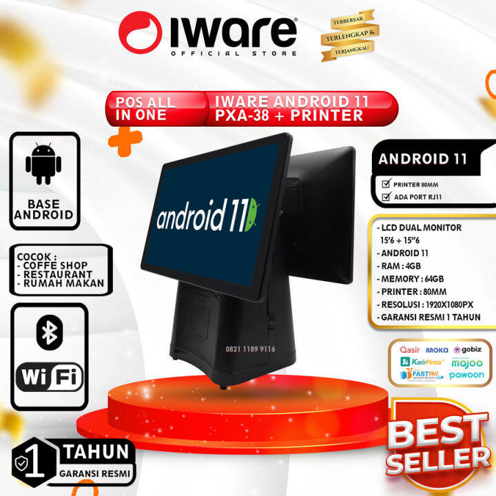 Mesin Kasir Android 11 Pos All in One Iware PXA-38 + Printer 80mm 4/64GB Dual Monitor | Lazada ...