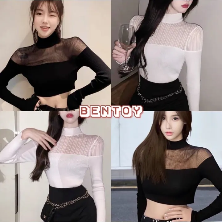 Bentoy(N319)เสื้อครอปแขนยาวไหมพรม สไตล์เกาหลี คอเต่า ตาไข่ เซ็กซี่ | Lazada.co.th