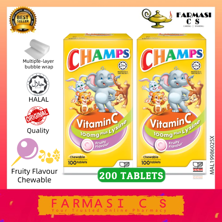 CHAMPS Vitamin C 100mg with Lysine Fruity 100 tablets x 2 Bottles (TWIN ...