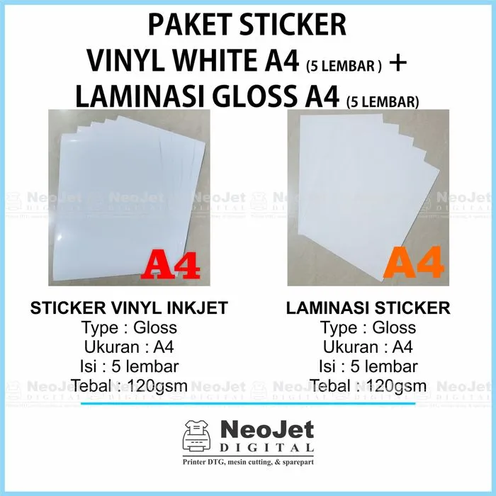 Paket Sticker Stiker Vinyl Inkjet Putih Glossy + Laminasi Glossy A4 ...