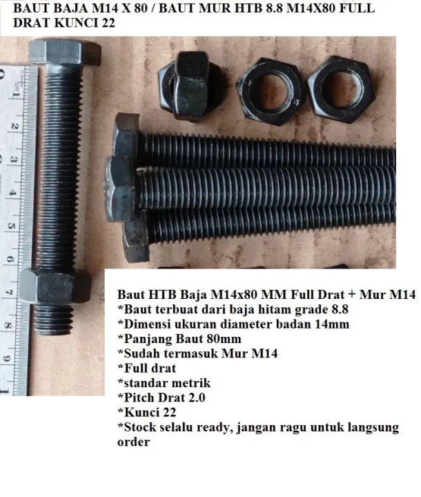 BAUT BAJA M14 X 80 / BAUT MUR HTB 8.8 M14X80 FULL DRAT KUNCI 22 | Lazada Indonesia