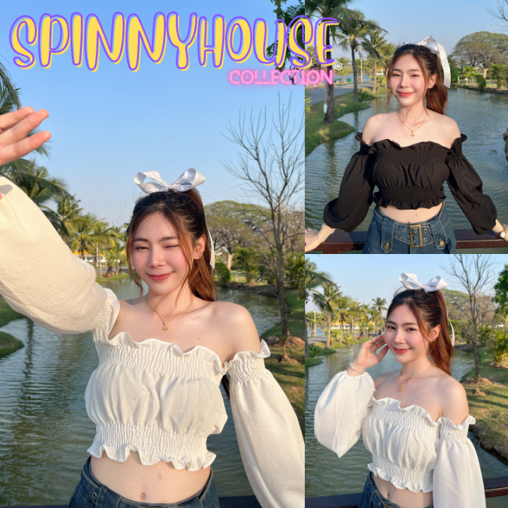 🌈SpinnyHouse🌈 สม็อคปาดไหล่ ครอปแขนยาว จั้มช่วงเอวไหล่ น่ารักมากค่า ต้อนรับซัมเมอร์ แมตซ์ได้หลายล ...