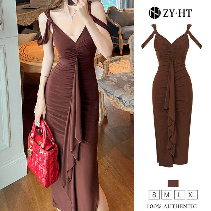 ZY·HT Women's Dress Coffee Color Dress Long Dress Singlet Dress Hi-so ...