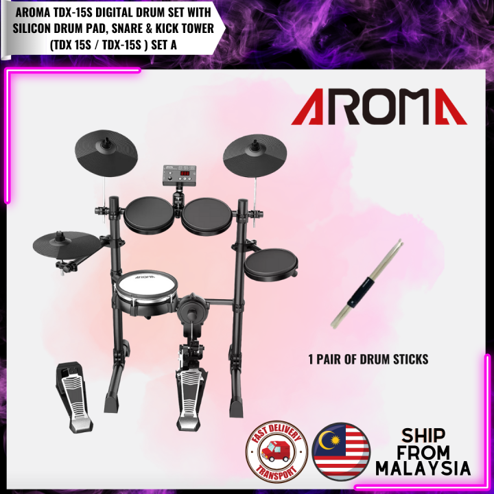 AROMA TDX-15S Digital Drum Set with Silicon Drum Pad, Snare & Kick ...
