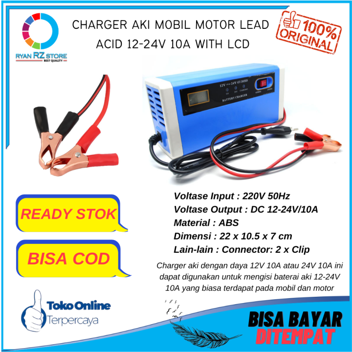 Charger Aki Mobil Motor Portable 12V-24V 10A Mobil dan Motor LCD ...