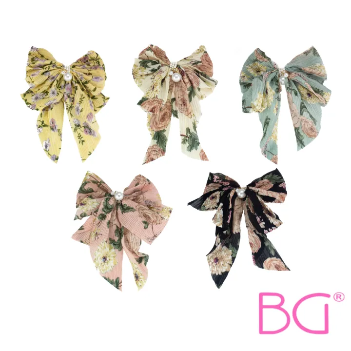 BROADWAY GEMS Floral Hair Ribbon Clip Chiffon with Dangling Pearl ...