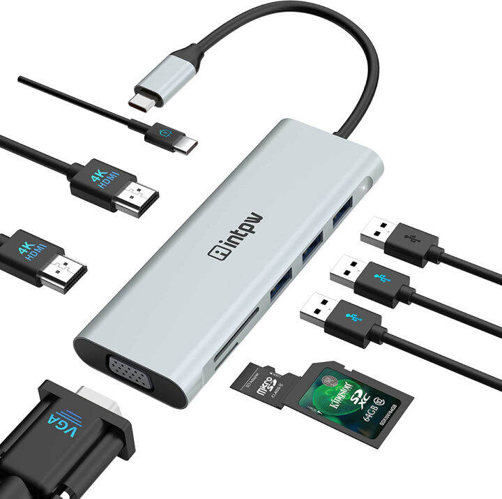 USB C Adapter, INTPW 9 in 1 USB C Docking Station Triple Monitor with ...