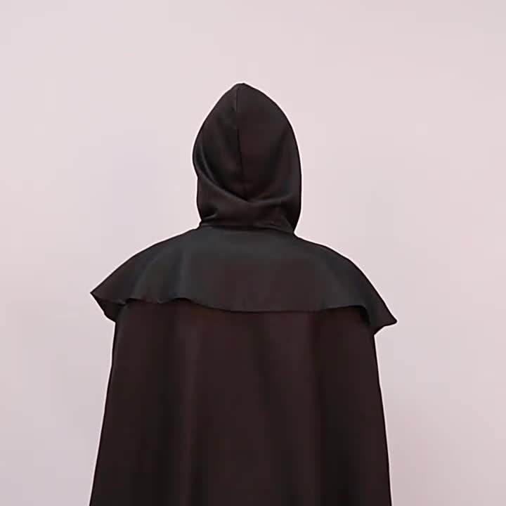 Medieval Mens Cape with Hood Black Gothic Vampire Halloween Long Capes ...