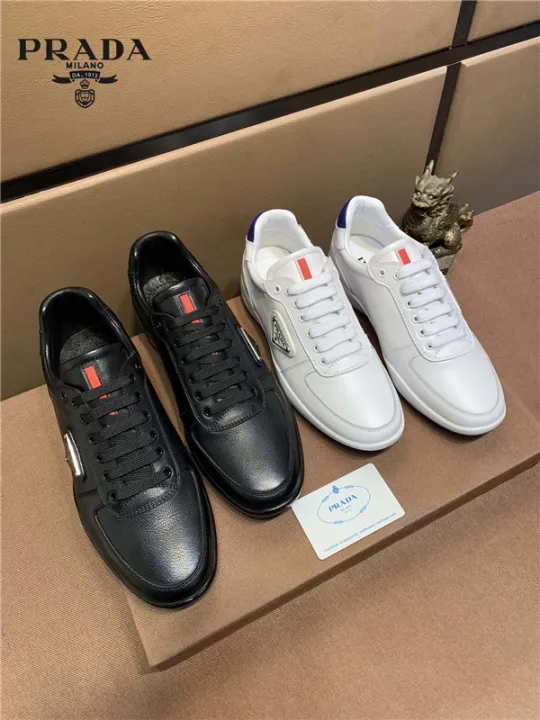 (สีดำสีขาว) Original Prada รองเท้าบุรุษสไตล์คลาสสิกรองเท้าหนังผู้ชายธุรกิจรองเท้ากีฬาลำลอง ...