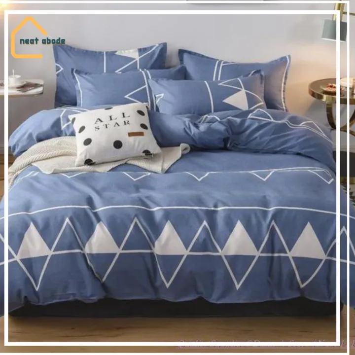 Neat Abode 4 in 1 Bedsheet Set Blue/White Triangle Accent in Single / Double / Queen / King ...
