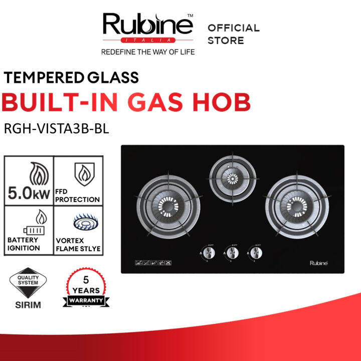 RUBINE RGH-VISTA3B-BL Glass Gas Hob with flame power 5.0kw | Lazada