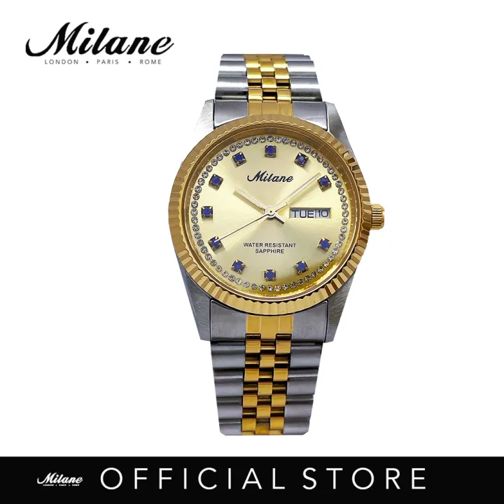 Milane Précieuse Gold Silver Gold dial with Blue and White Crystal Men/Women's Watch with ...