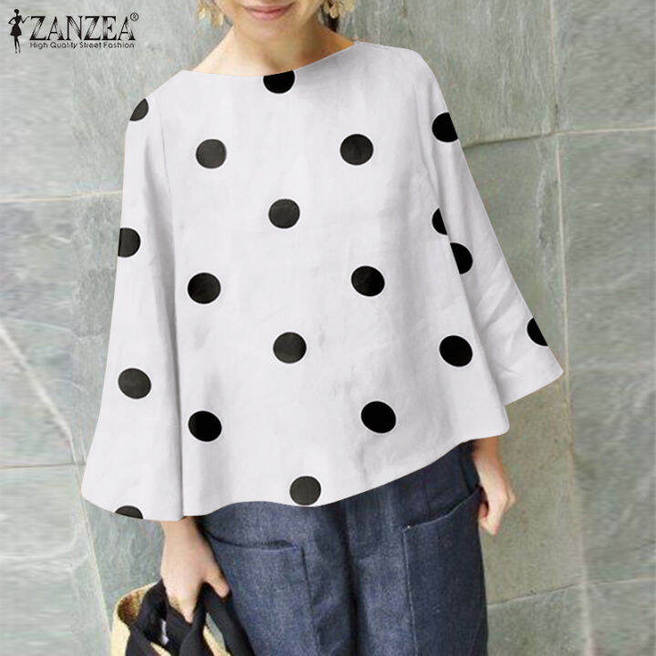 ZANZEA ผู้หญิงวินเทจเสื้อสวมหัวลายจุดหลวมเสื้อสตรีคอกลมเดินทางง่าย #7 ...