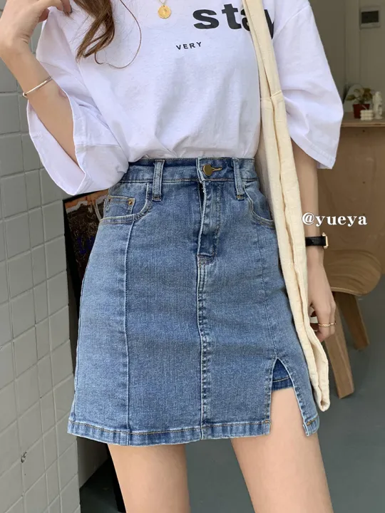 Crescent CityAWomen's Word Skirt Spring High Waist Slit Denim Hip ...