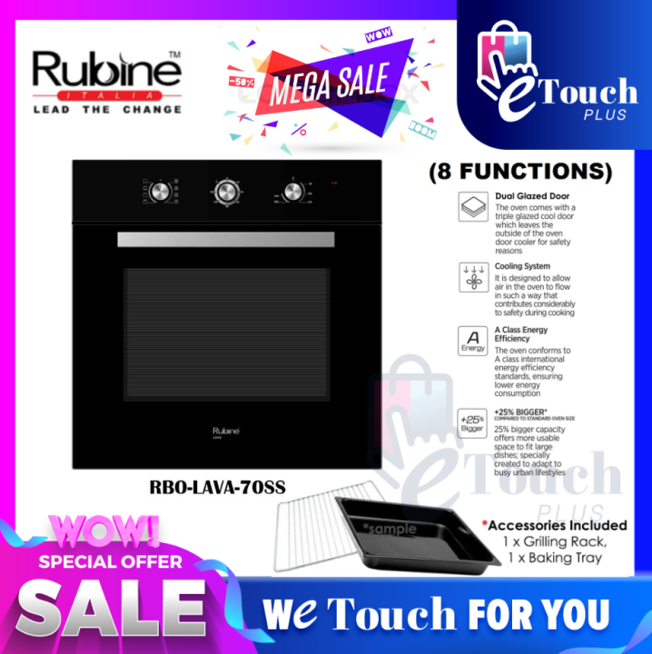 Rubine Built-In Oven 8 Cooking Functions with 70 Liter Stainless Steel ...