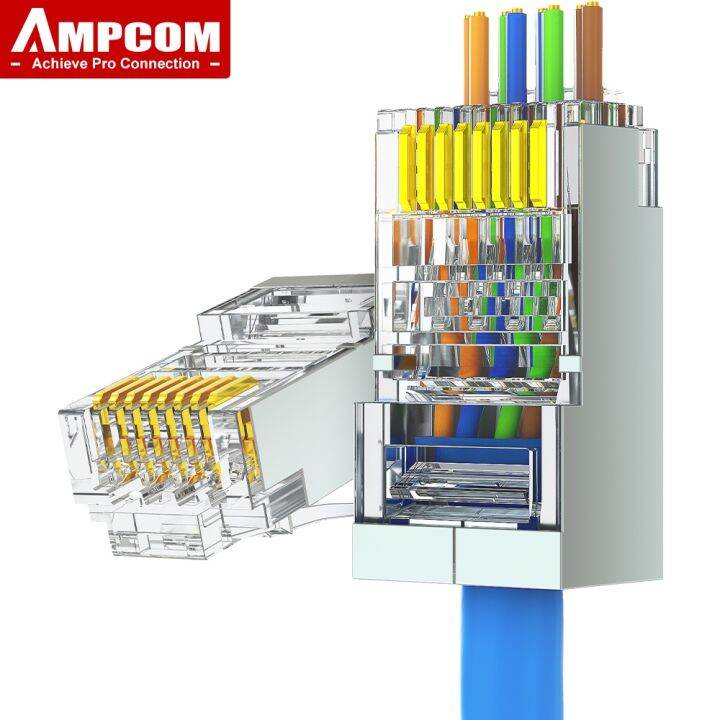 Ampcom Cat6 Pass Through 8p8c Stp Rj45 Connectors Shielded 350μ Gold