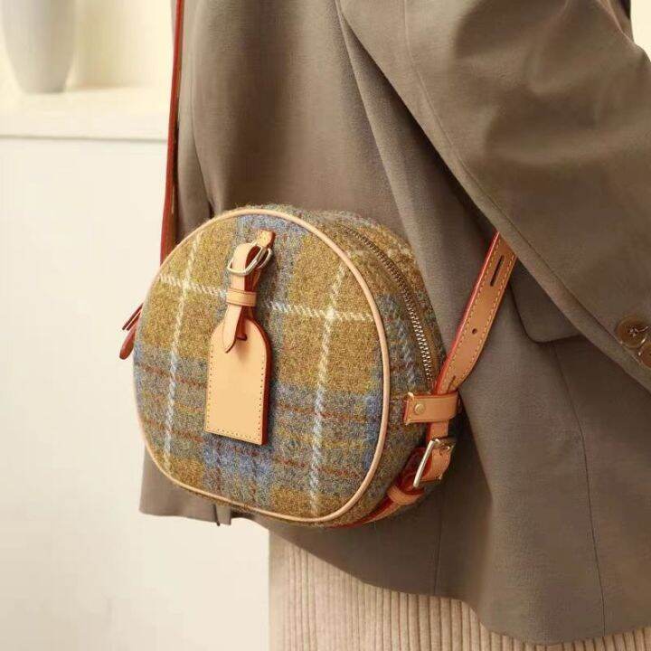 Tas Bulat HARRIS TWEED สำหรับผู้หญิงแนวย้อนยุคใหม่กระเป๋าทรงกลมขนาดเล็ก ...