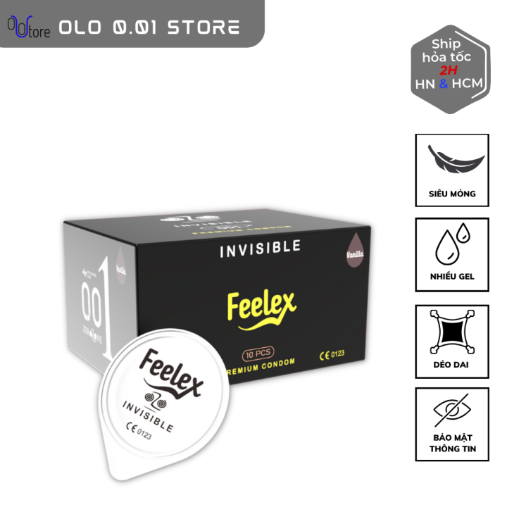Bao cao su nam Feelex Invisible siêu mỏng nhiều gel bôi trơn - Hộp 10 ...