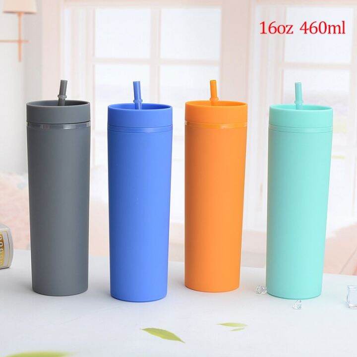16oz Double Layer Plastic Straw Cup AS Frosted Straight Body Straw Cup ...